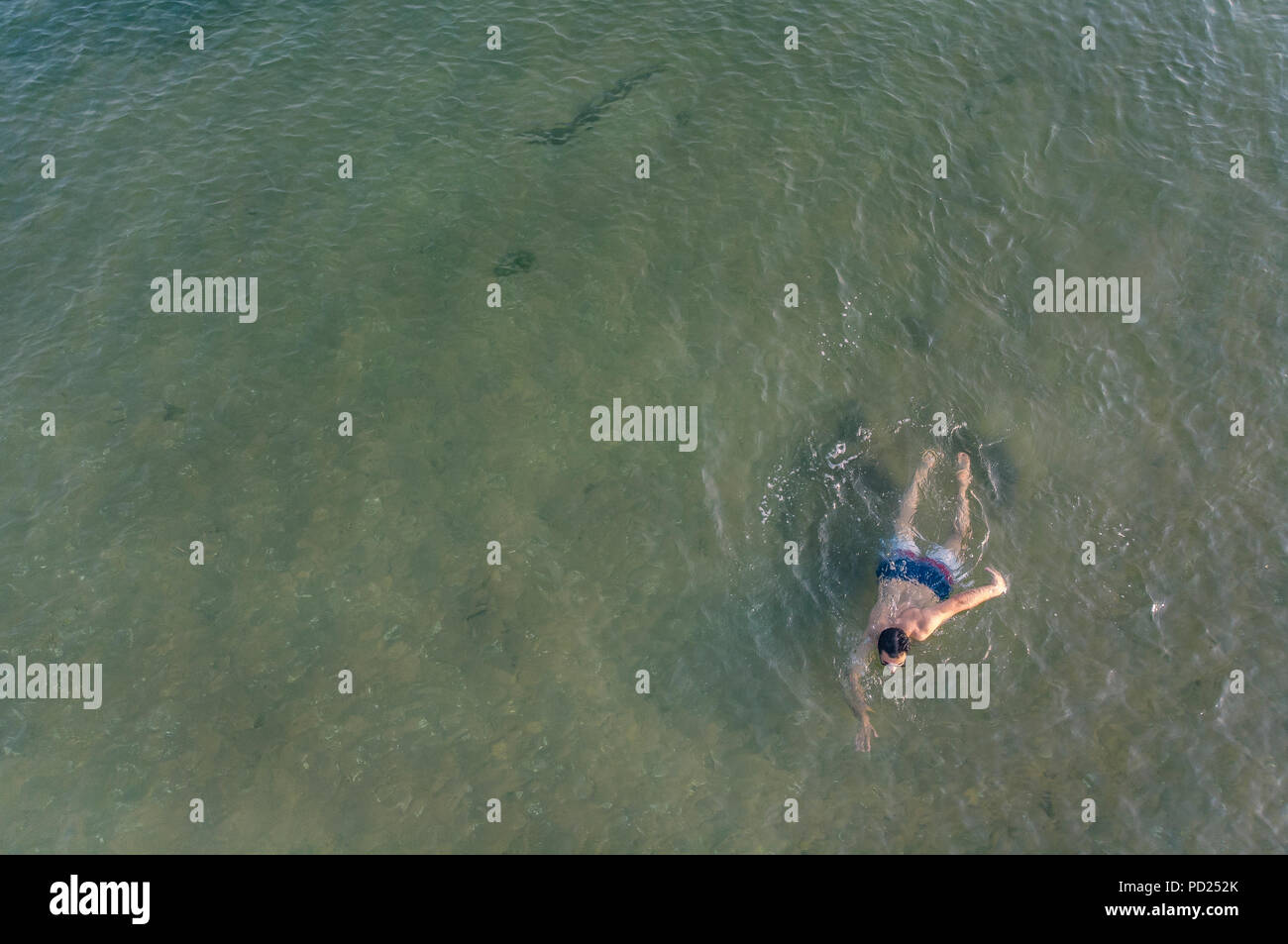 Aerial view of arab man swimming in Arabian Gulf in Ras Al Khaimah ...
