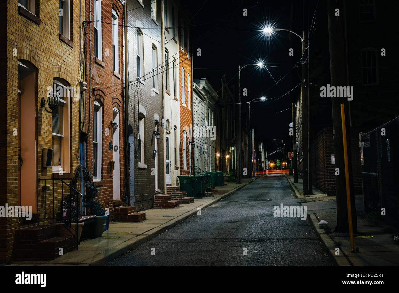 Row houses at night, in Fells Point, Baltimore, Maryland Stock Photo ...