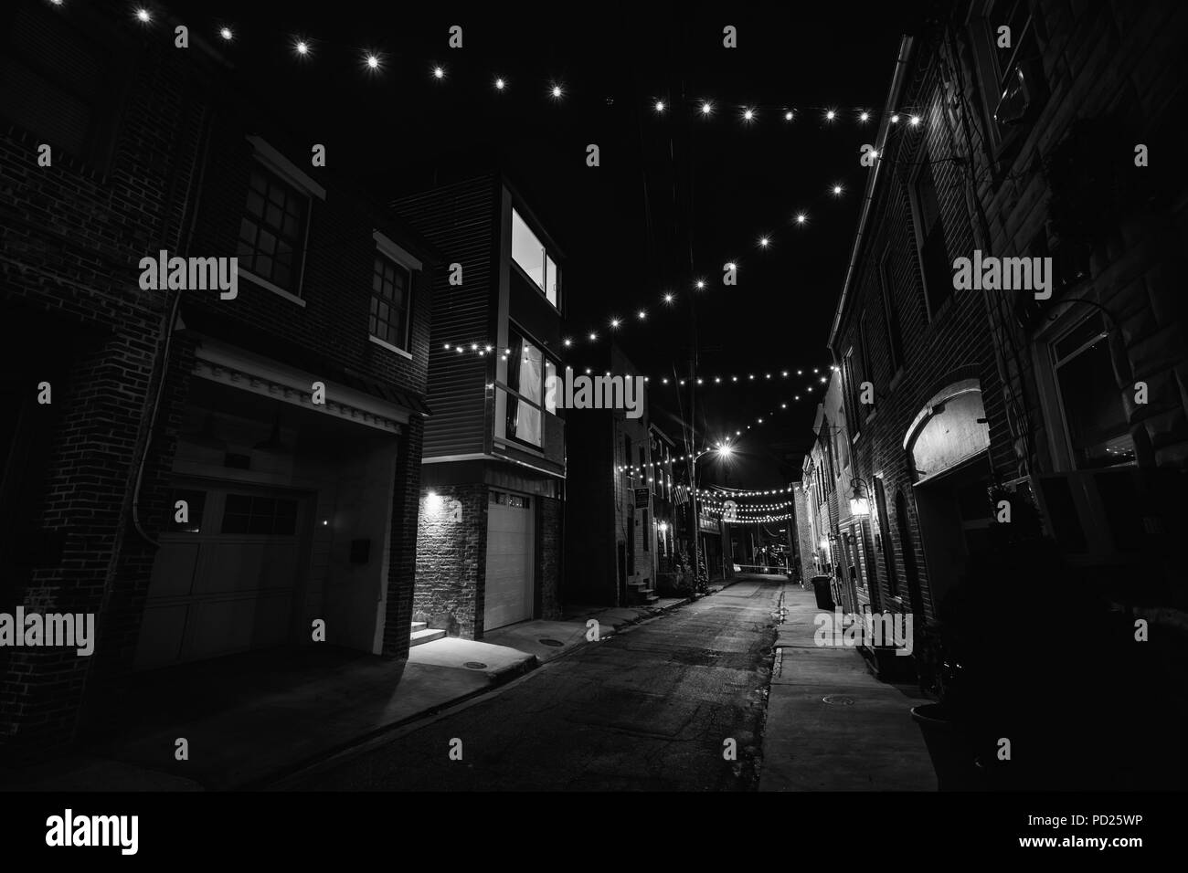 String lights over Chapel Street at night in Butchers Hill, Baltimore ...