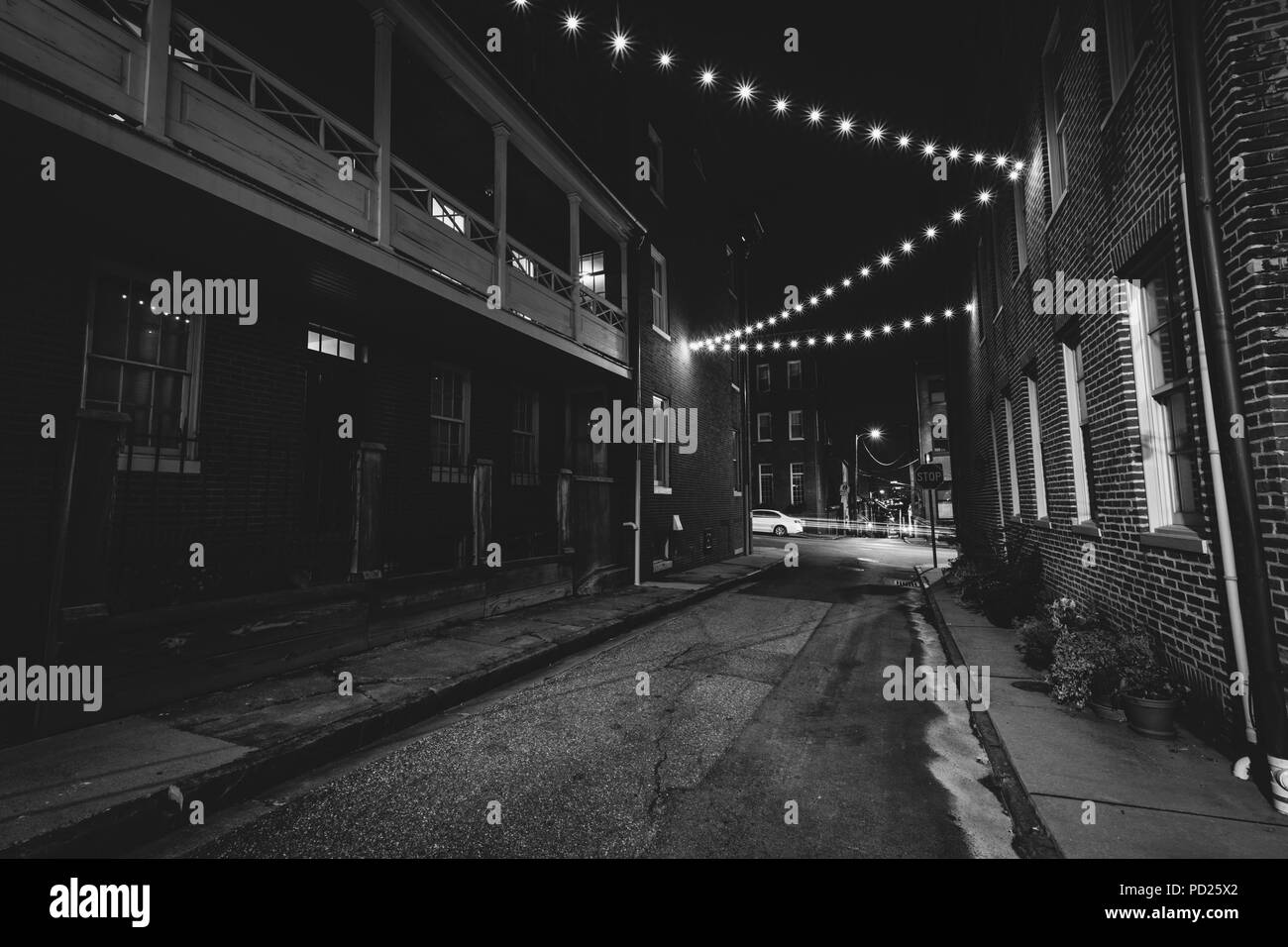 String lights over Chapel Street at night in Butchers Hill, Baltimore ...