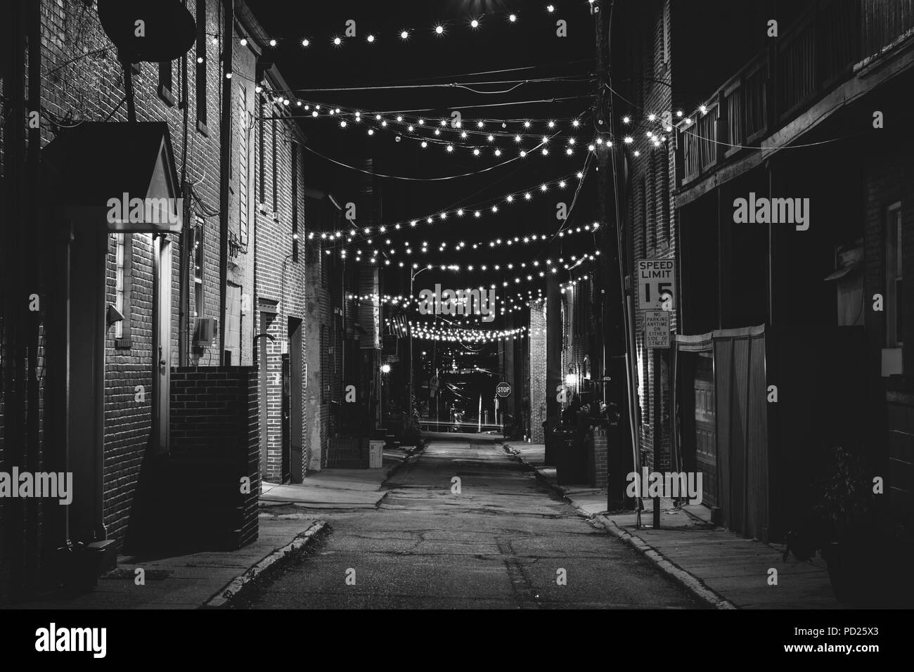String lights over Chapel Street at night in Butchers Hill, Baltimore ...