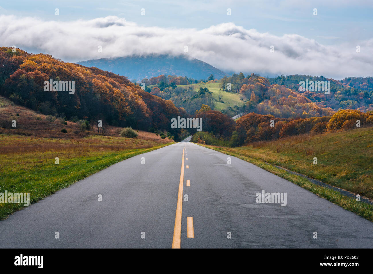 The Blue Ridge Parkway and fog over mountains in Virginia Stock Photo ...