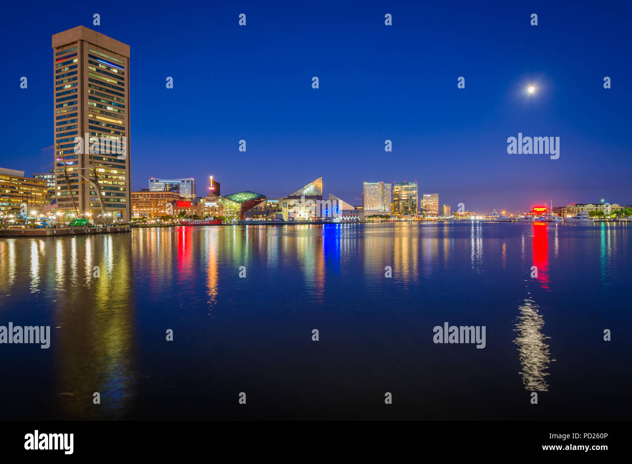 The Inner Harbor skyline at night, in Baltimore, Maryland Stock Photo ...