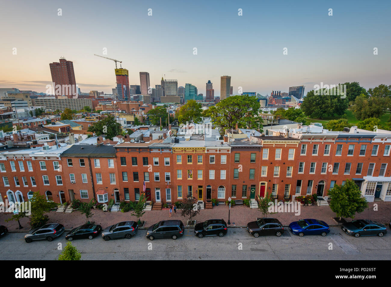 View of row houses in Federal Hill and the Inner Harbor, in Baltimore ...