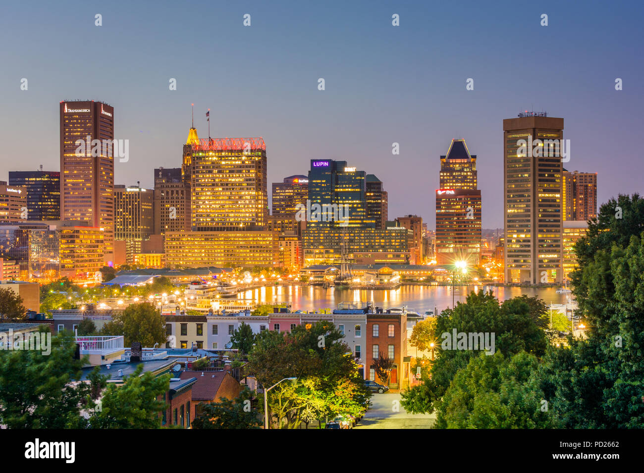 View of the Inner Harbor skyline at night, in Baltimore, Maryland Stock ...