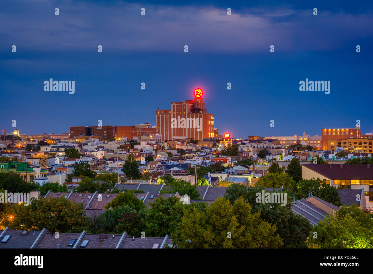 View of the Natty Boh Tower at night in Canton, Baltimore, Maryland ...