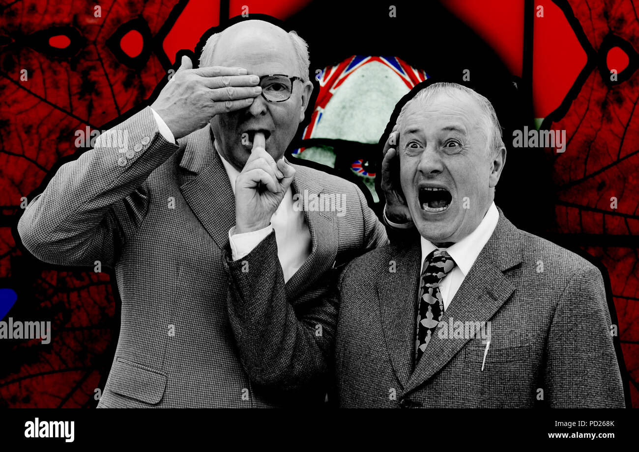 British contemporary artists Gilbert and George posing in the Baronian ...