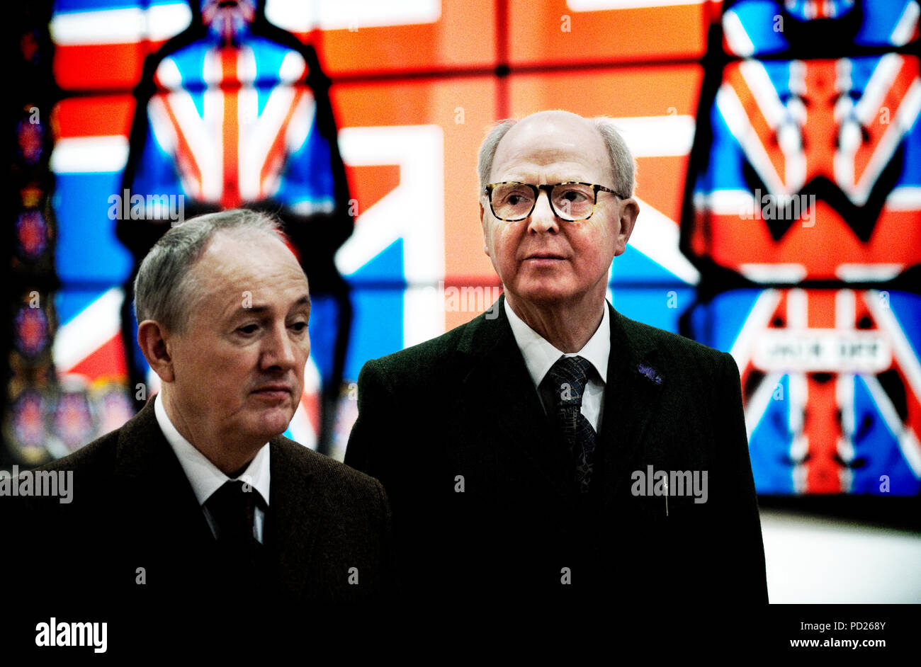 British contemporary artists Gilbert and George posing for their Jack ...