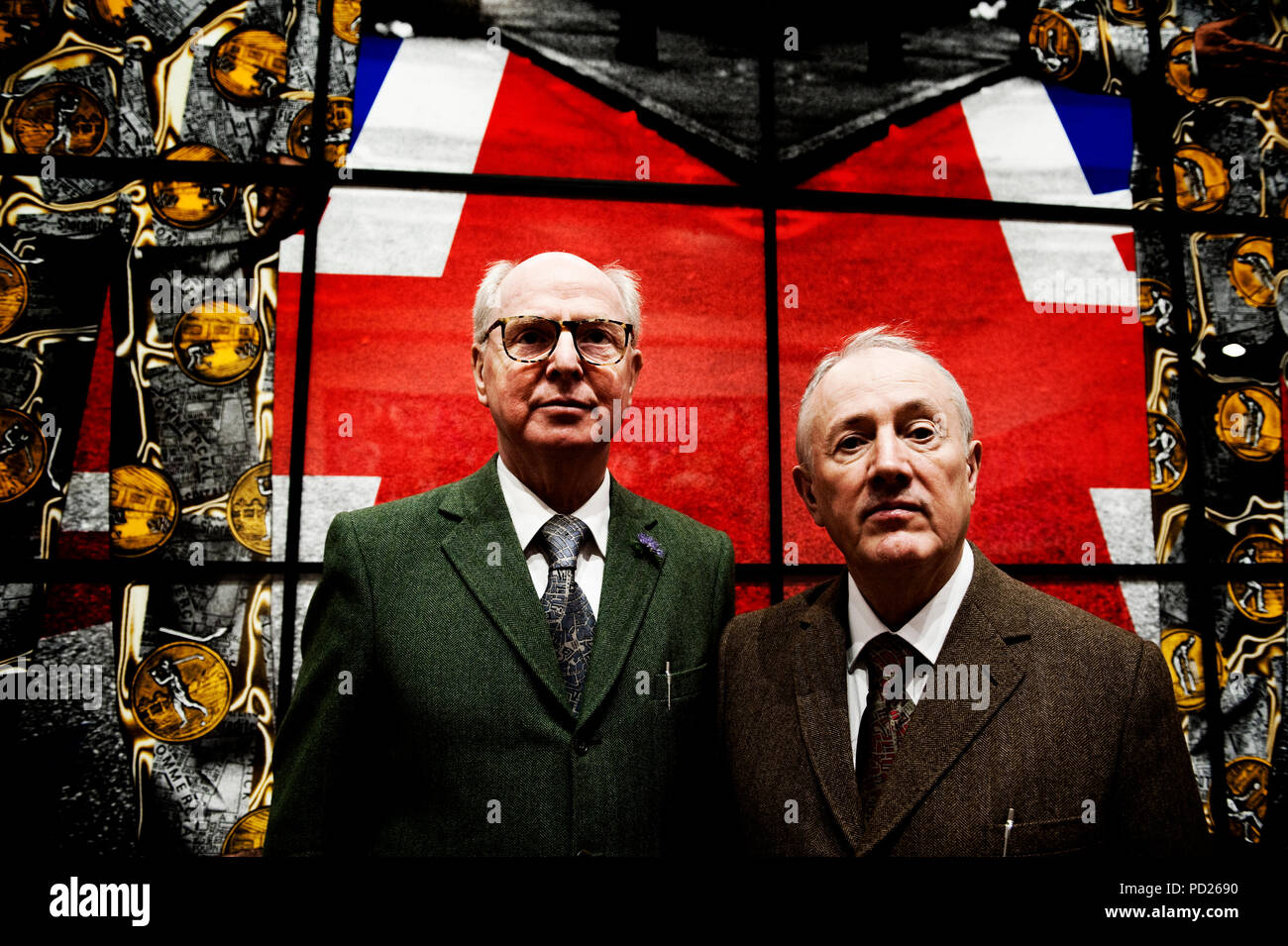 British contemporary artists Gilbert and George posing for their Jack ...