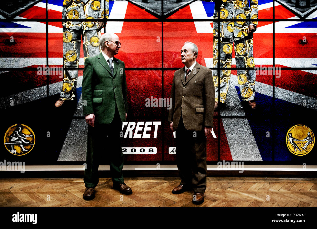 British contemporary artists Gilbert and George posing for their Jack ...