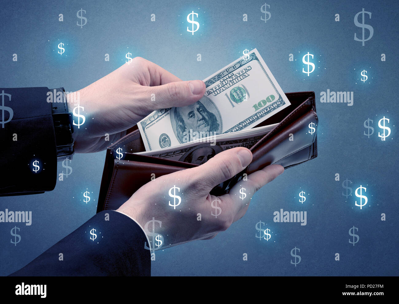 Hand takes out dollar money from a wallet with dollar symbol wallpaper ...