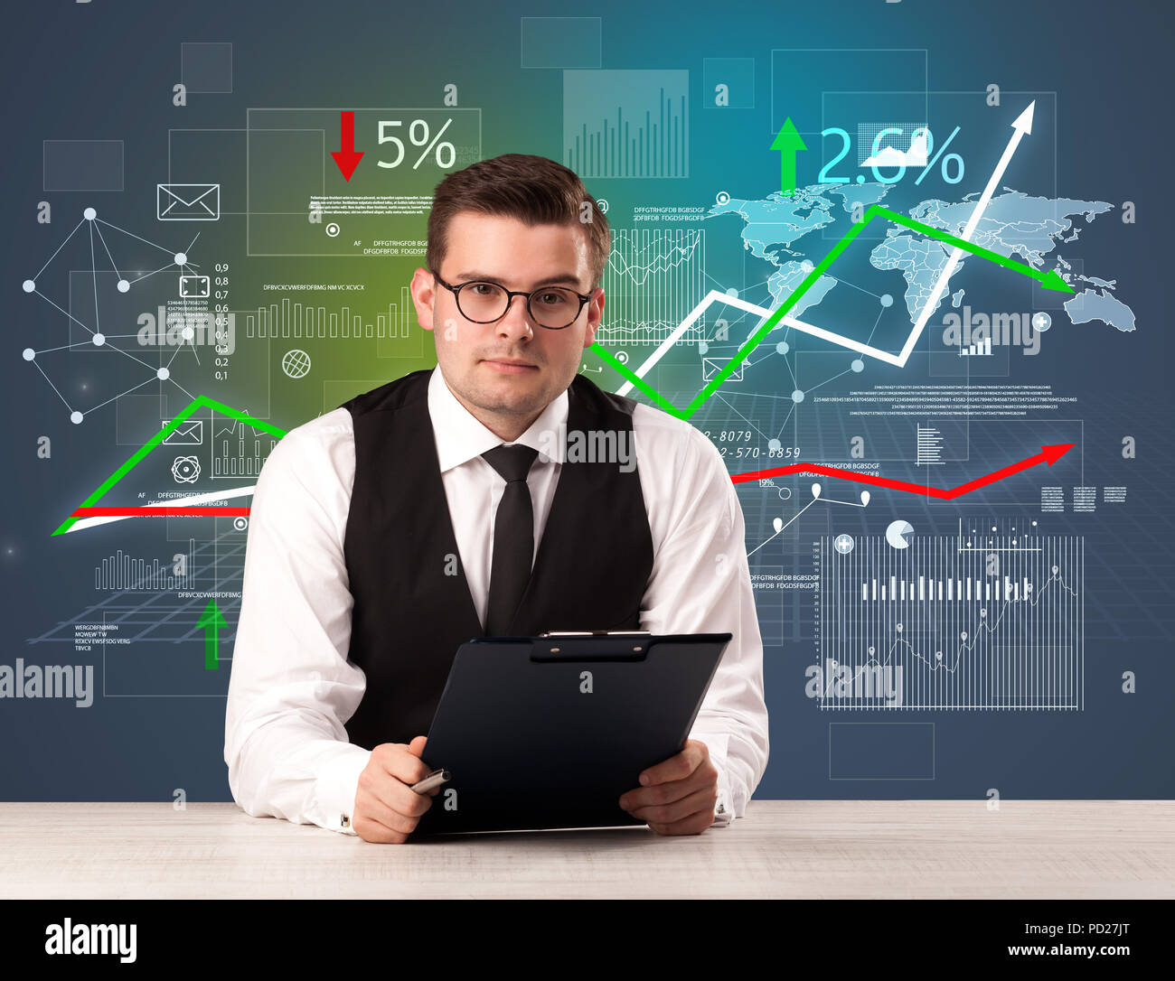 Young handsome businessman sitting at a desk with stocks and progress ...