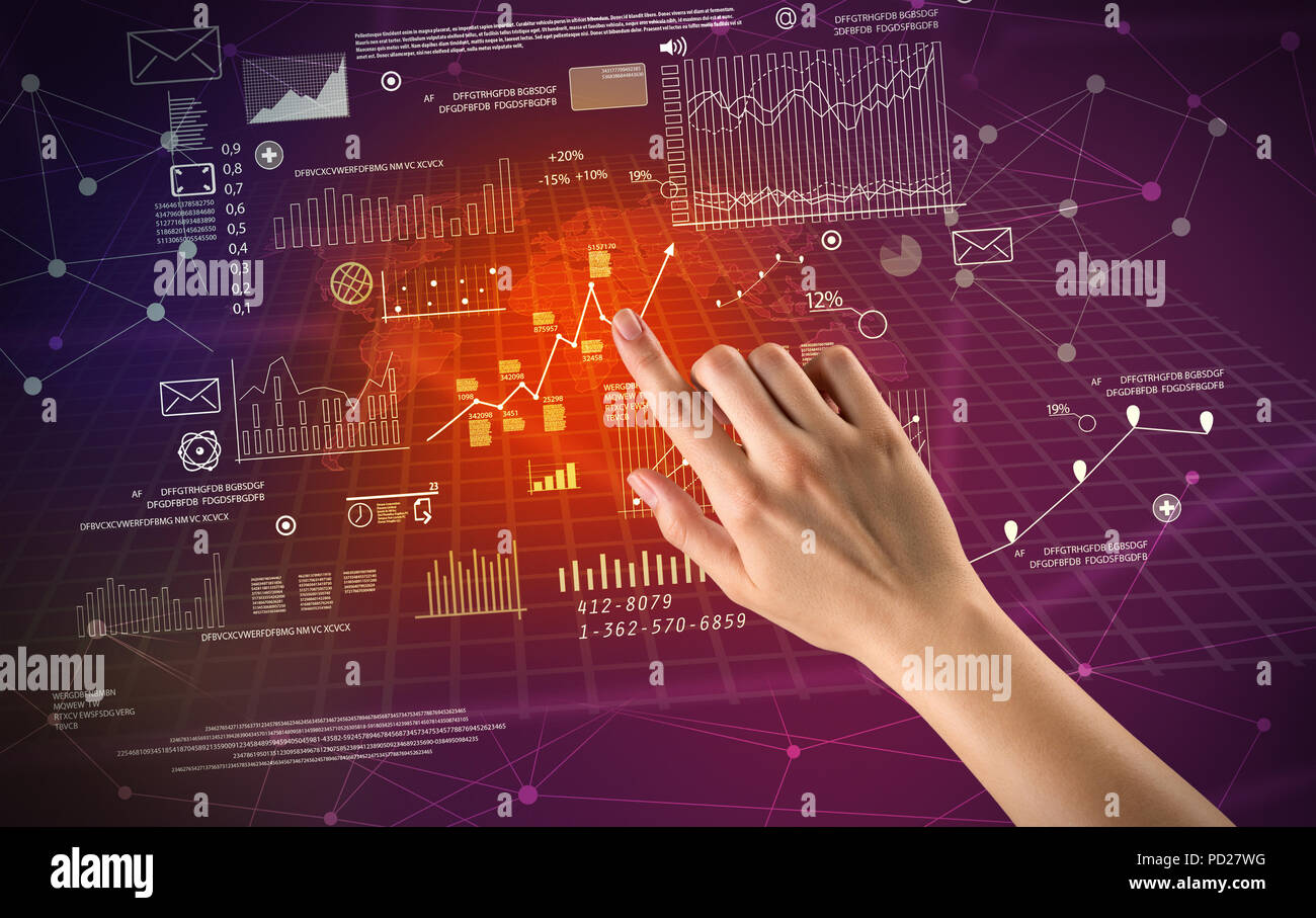 Female hand touching charts and graphs on a red and purple background ...