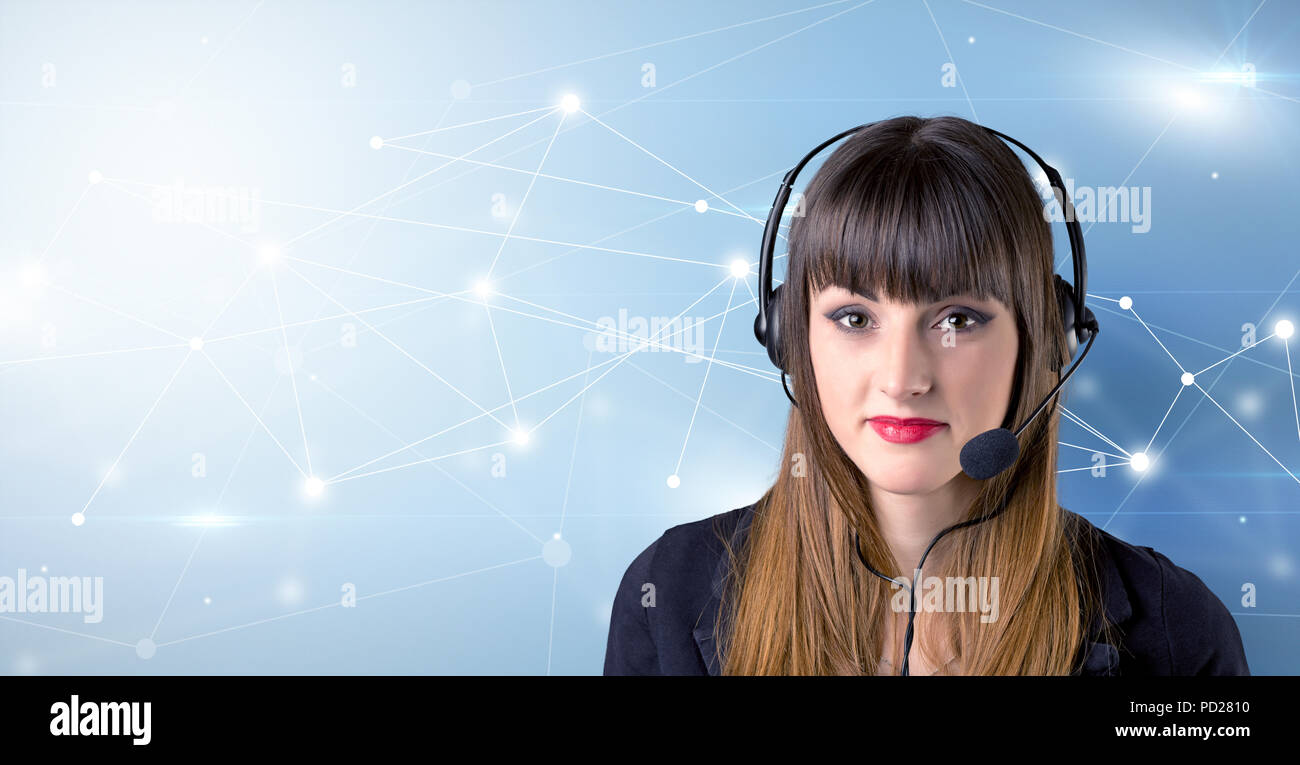 Young female telemarketer with blue background and connectivity concept ...