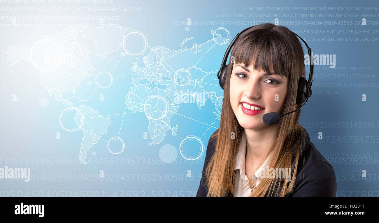 Young female telemarketer with blue background and world map and ...