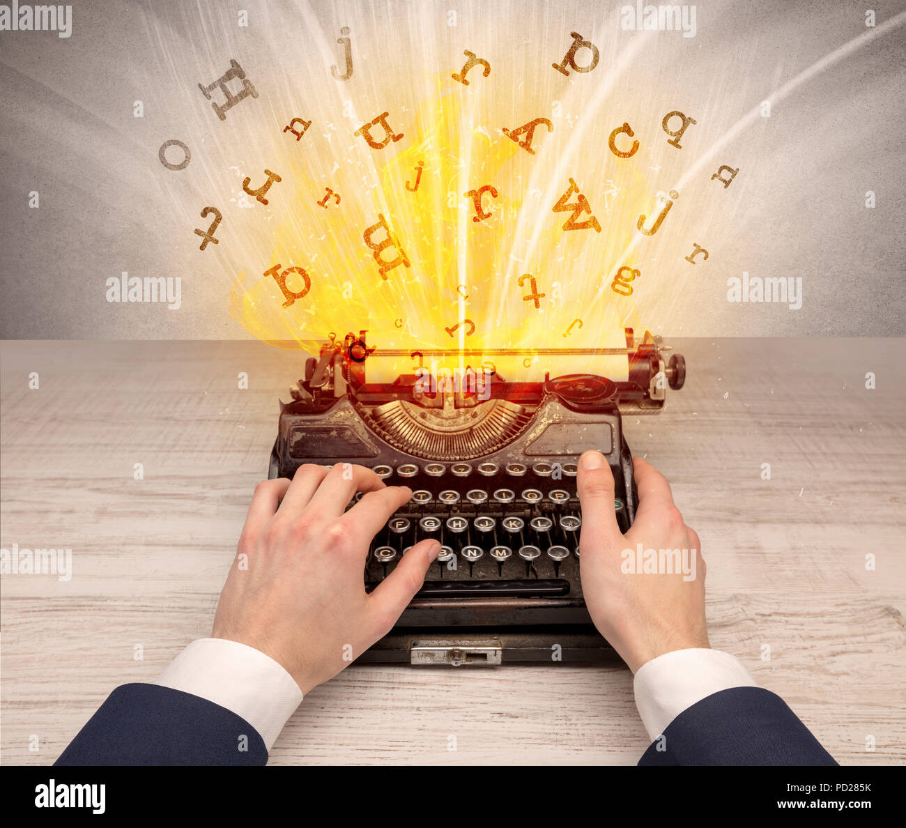 First person perspective image with exploding letters from a vintage ...