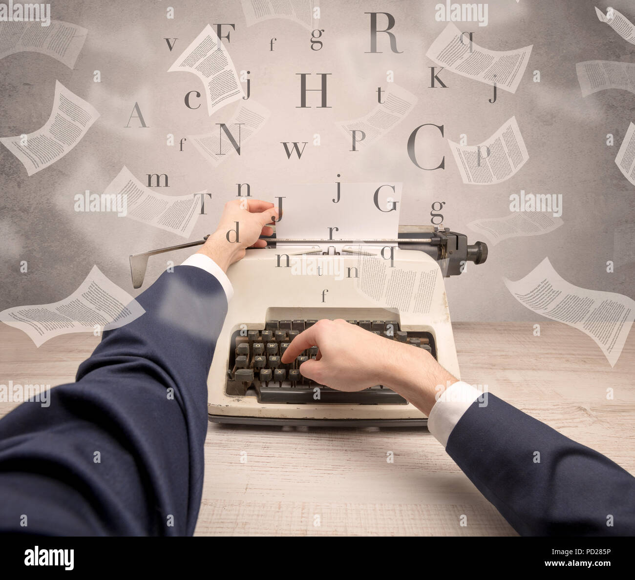 First person perspective hand typewriting with flying documents around ...
