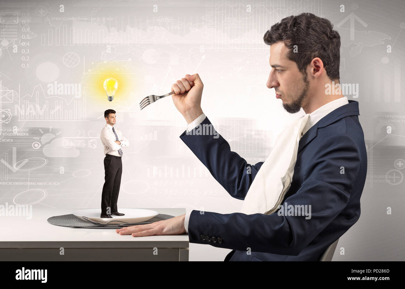 Giant businessman eating small man with financial background Stock ...