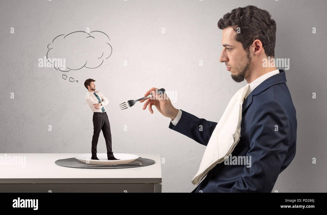 Big businessman want to eat small man with cloud messages above his ...