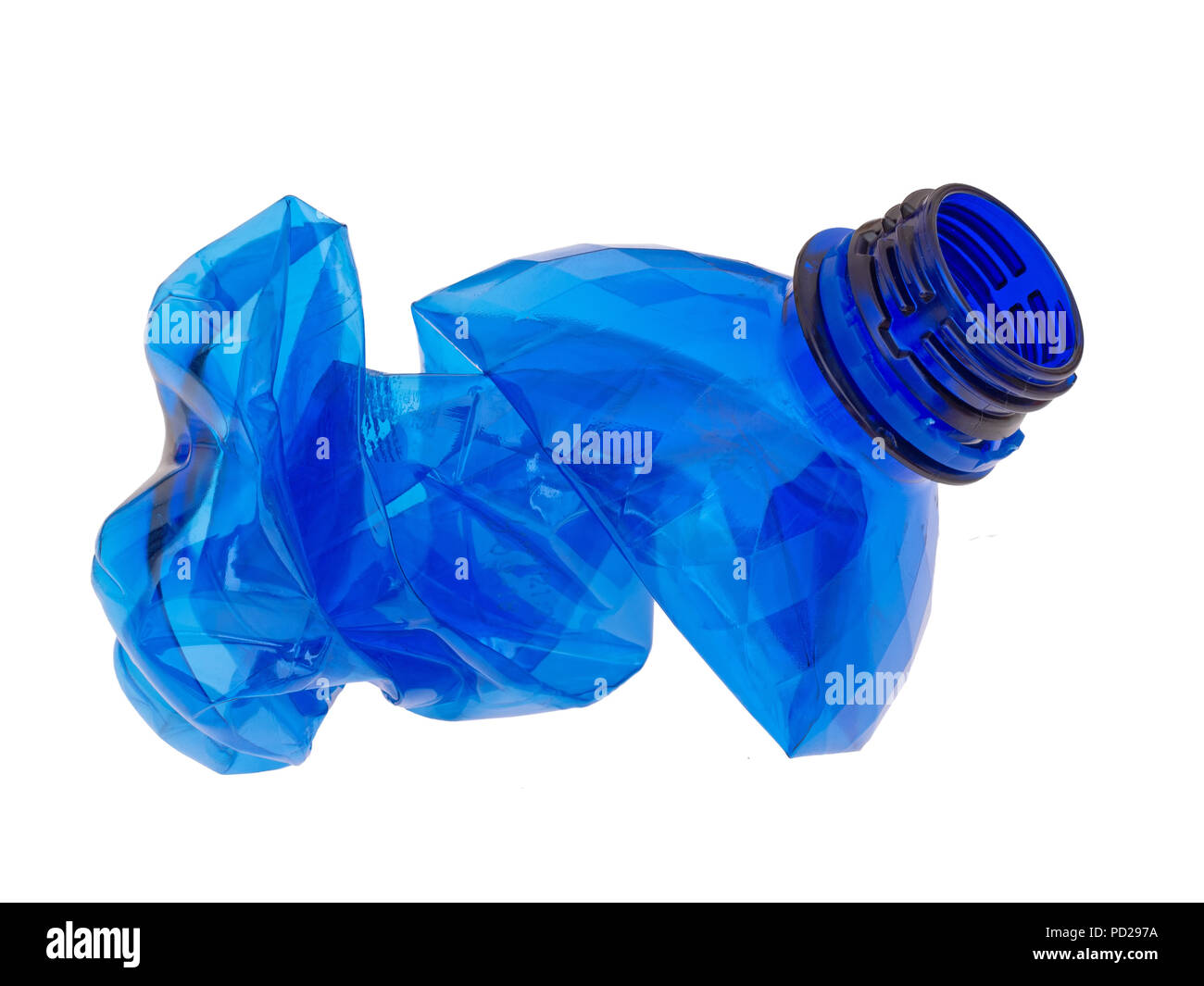 Crumpled and squashed blue plastic water bottle isolated on white ...