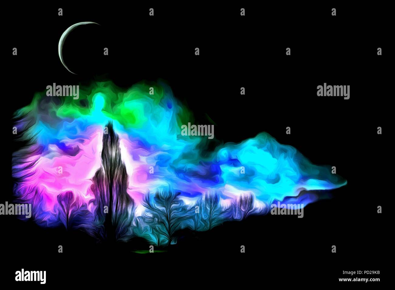 Expressionism painting. Forest in the moon light Stock Photo - Alamy