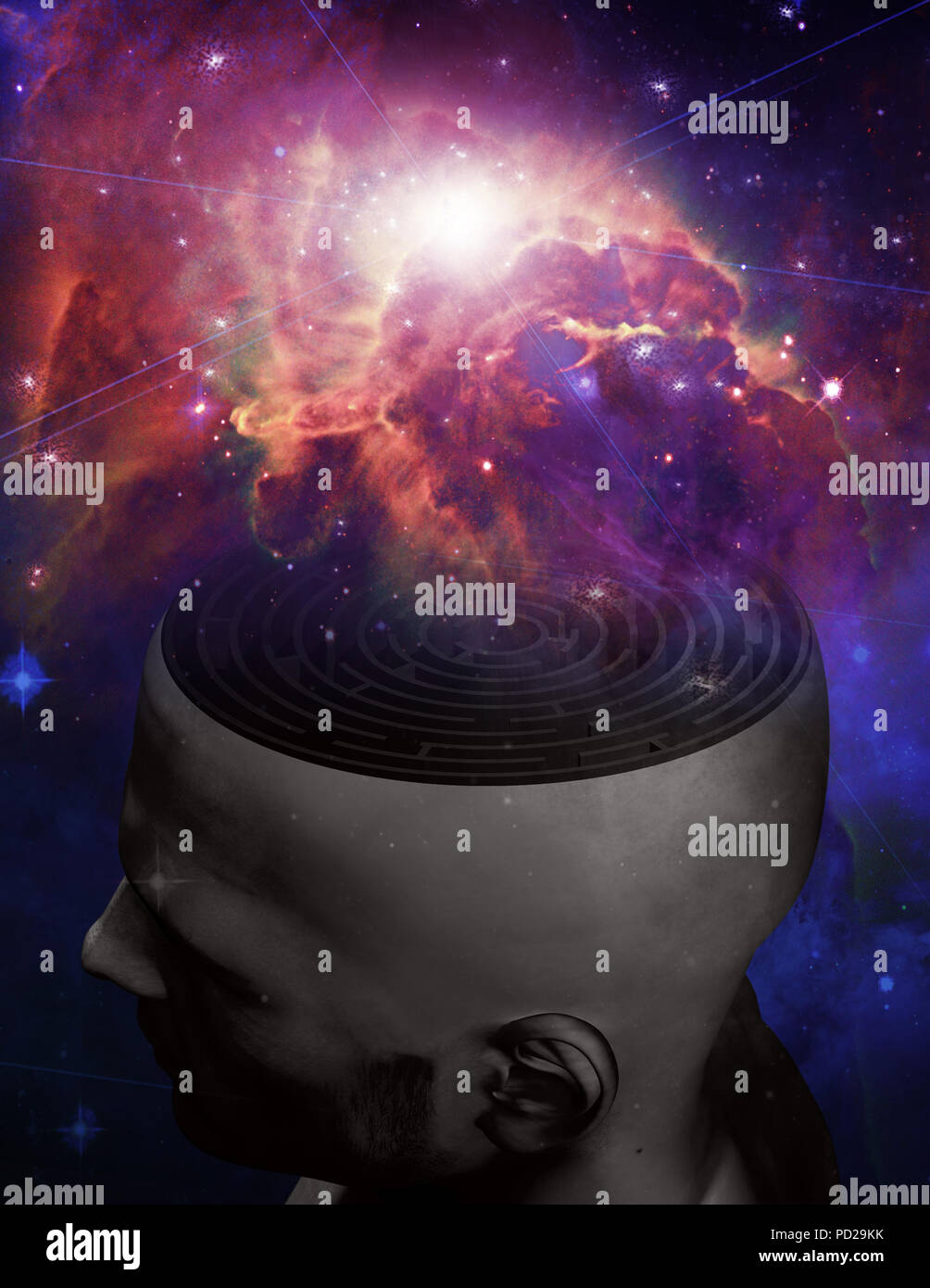Man head with maze and colorful space Stock Photo - Alamy