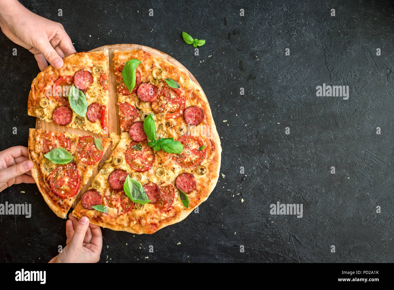 People Hands Taking Slices Of Italian Pizza. Italian Pizza and Hands ...