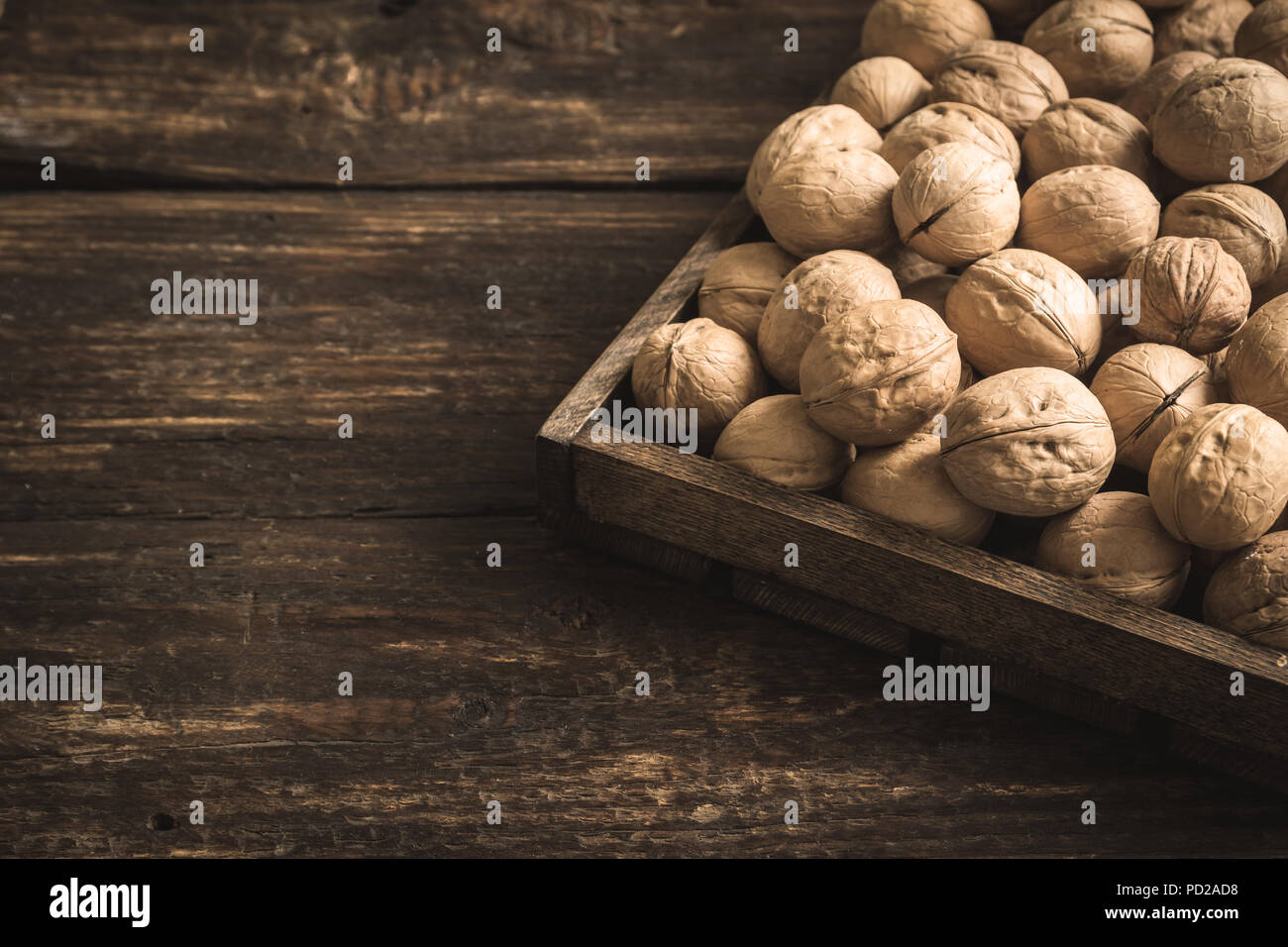 Organic Walnuts in rustic wooden box, top view, copy space. Seasonal ...