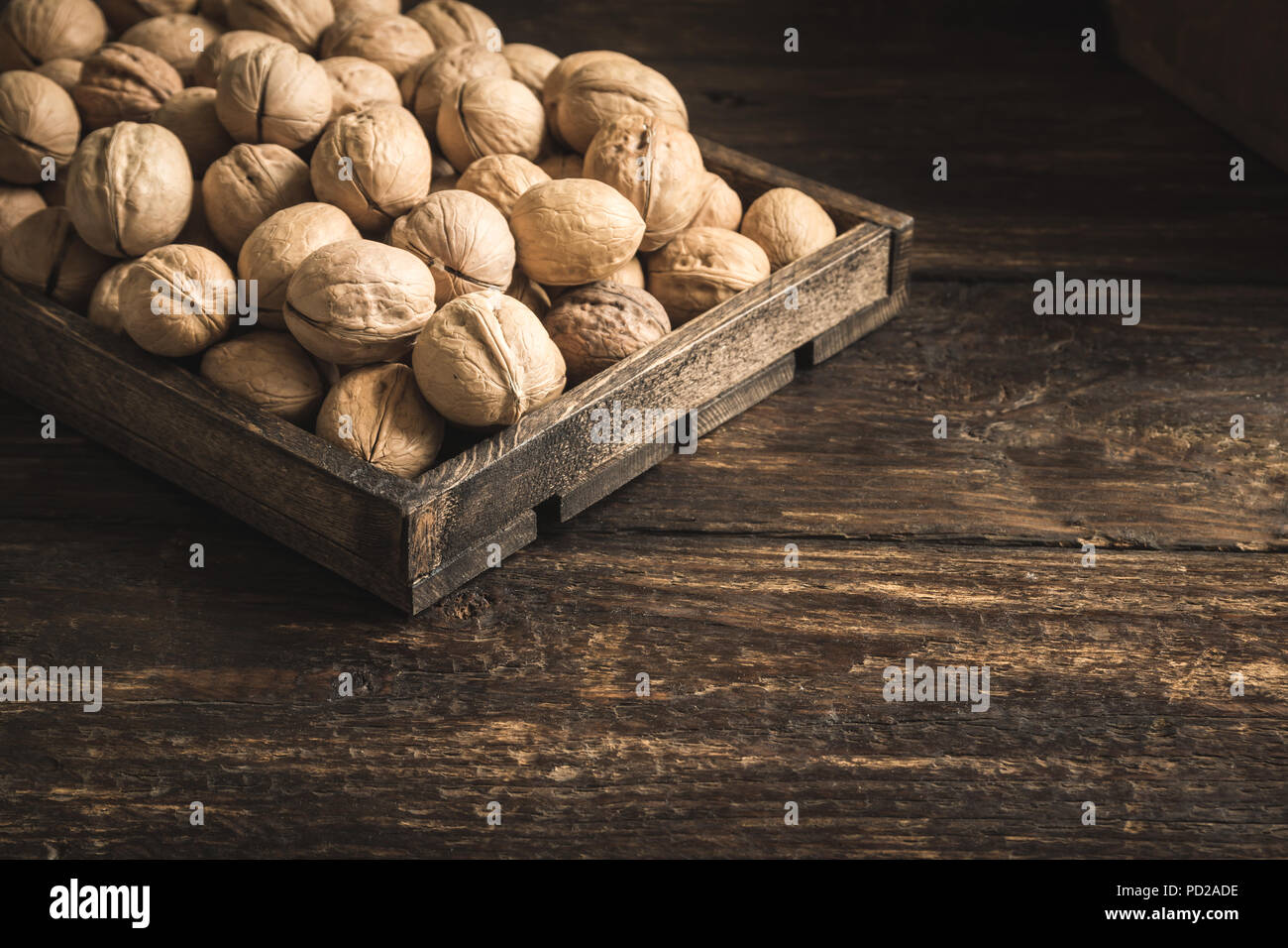 Organic Walnuts in rustic wooden box, top view, copy space. Seasonal ...