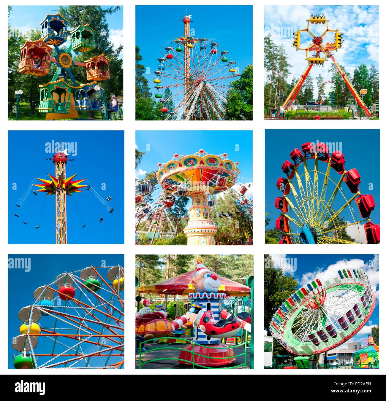 Collage of beautiful different rides in motion at amusement park Stock ...