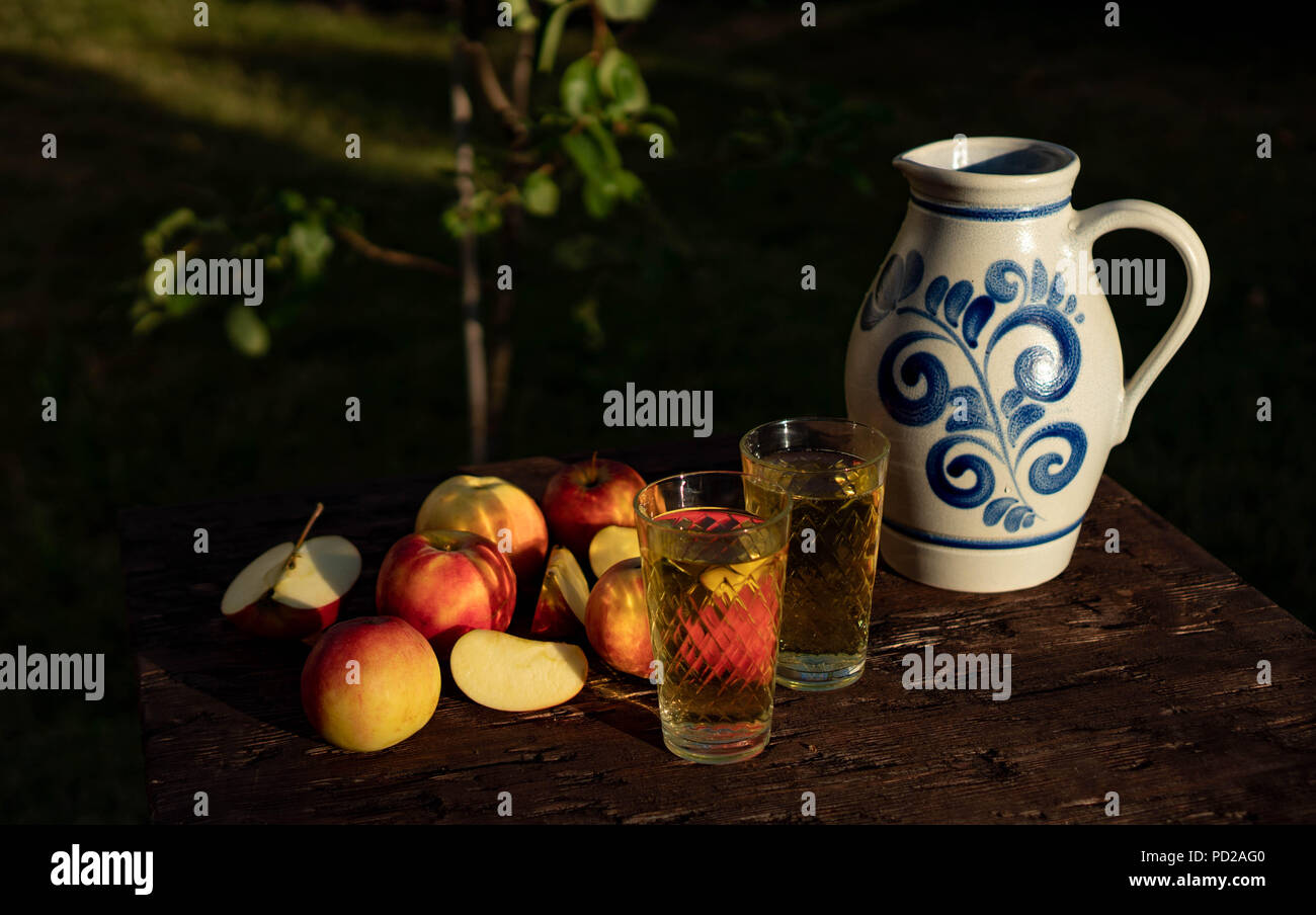 Traditional apple wine in the city of Frankfurt in Hesse. A jug of wine ...