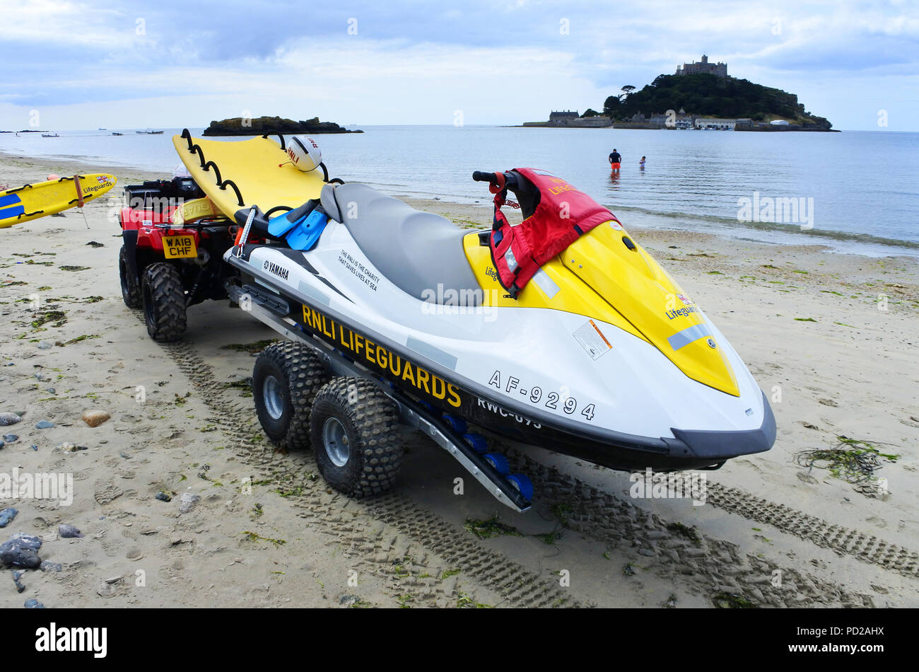 RNLI jet ski resting on a trailer, Marazion, Cornwall, UK - John Gollop ...