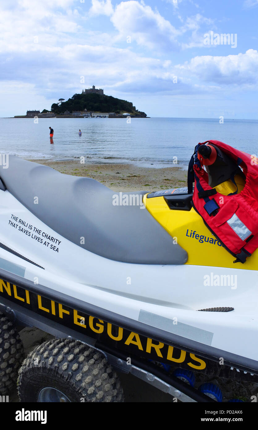 RNLI jet ski resting on a trailer, Marazion, Cornwall, UK - John Gollop ...