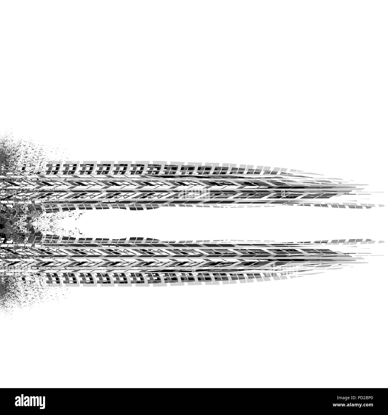 White background with black and gray grunge splash and tire tracks ...