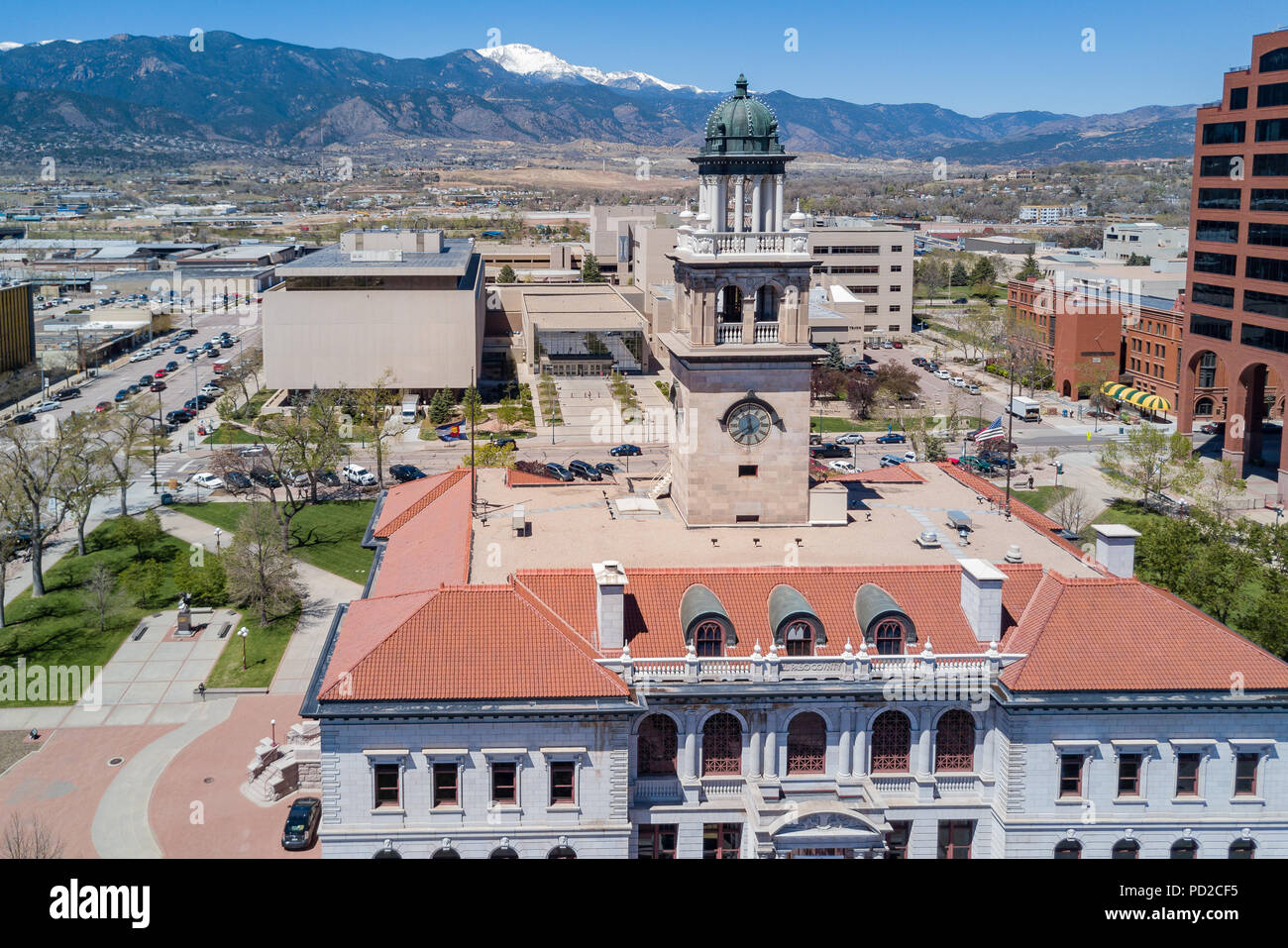 Aerial view of the Colorado Springs Pioneers Museum with mountain ...