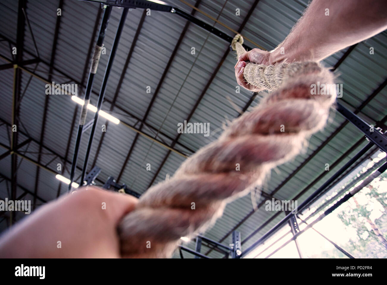 Close-up Young woman hanging on a rope for pull-ups, hands in magnesia ...
