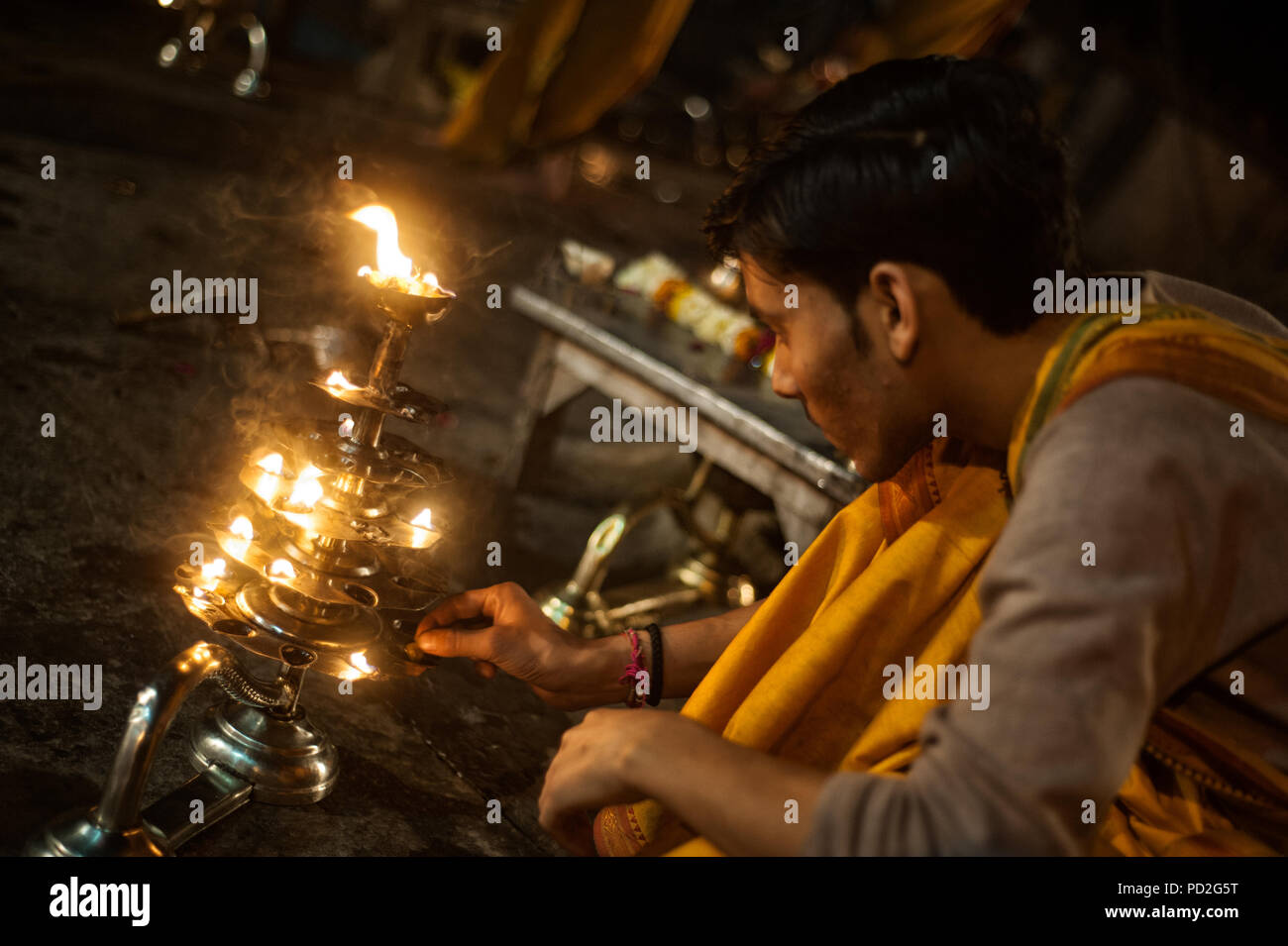 Puja Ceremony at the Ganges River in Varanasi, Uttar Pradesh, India ...