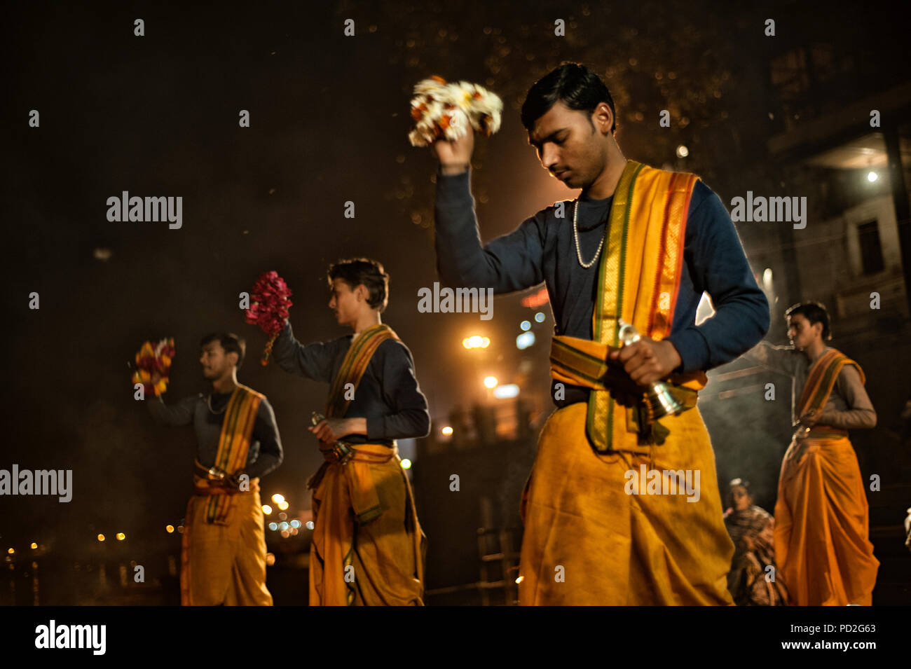 Puja Ceremony at the Ganges River in Varanasi, Uttar Pradesh, India ...
