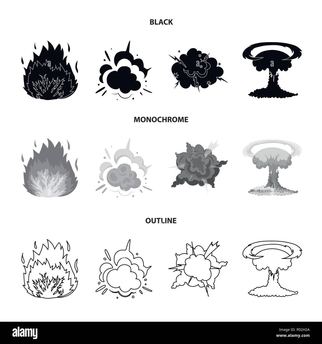 Flame, sparks, hydrogen fragments, atomic or gas explosion. Explosions ...