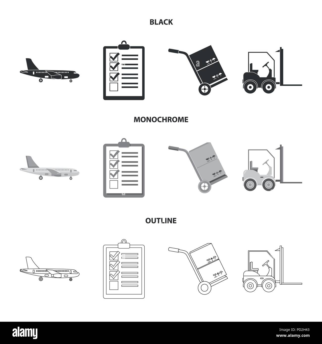 Cargo plane, cart for transportation, boxes, forklift, documents ...