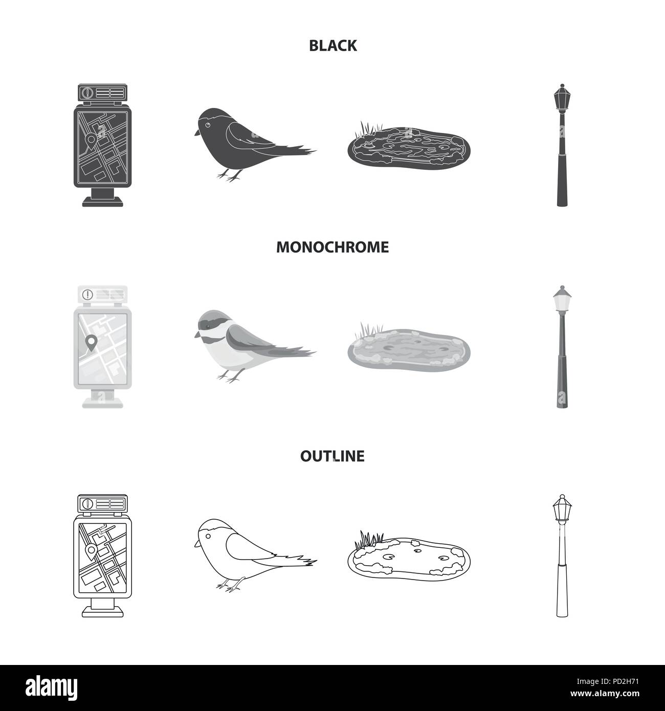 Territory plan, bird, lake, lighting pole. Park set collection icons in ...