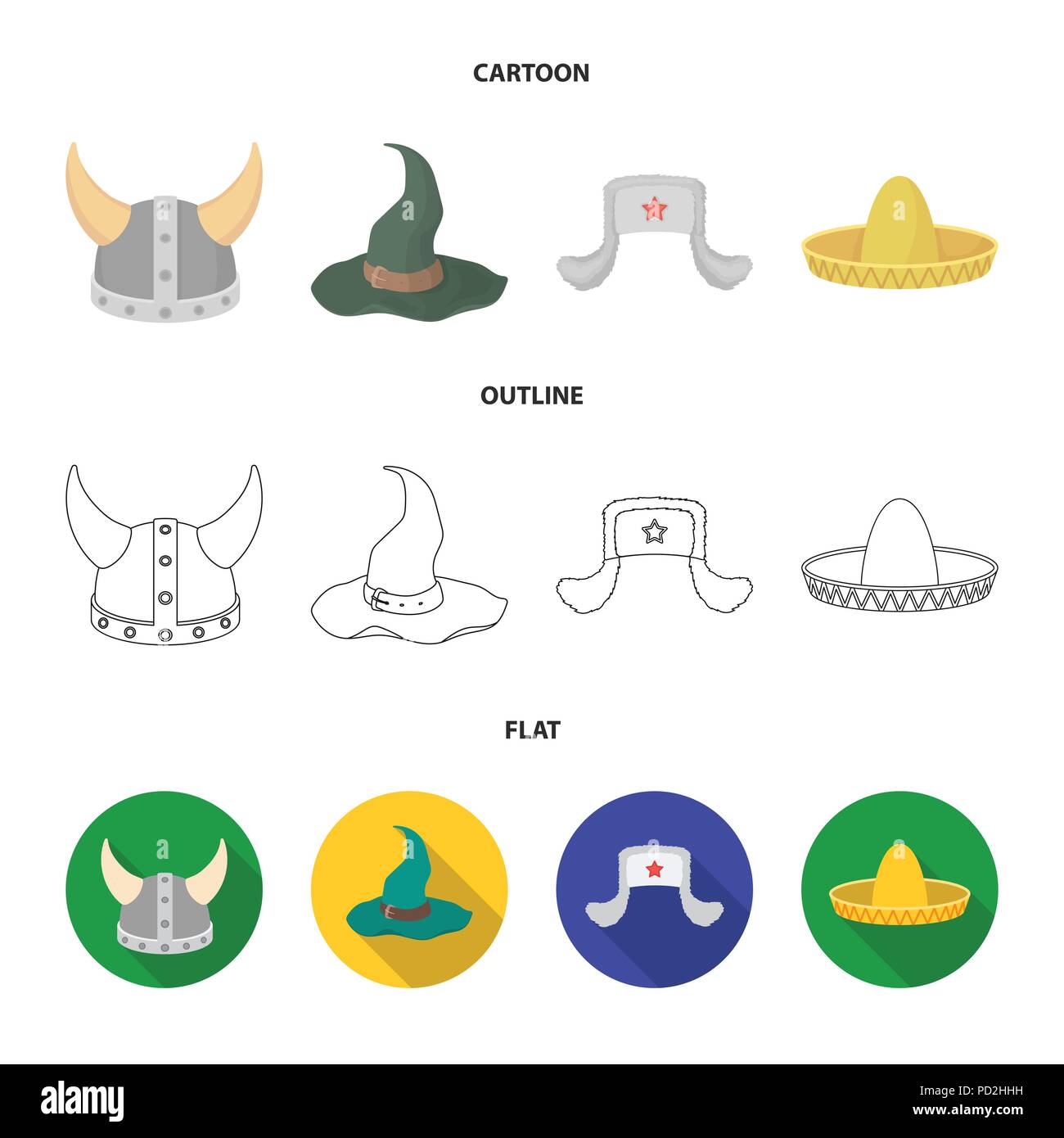 Sombrero, hat with ear-flaps, helmet of the viking.Hats set collection ...