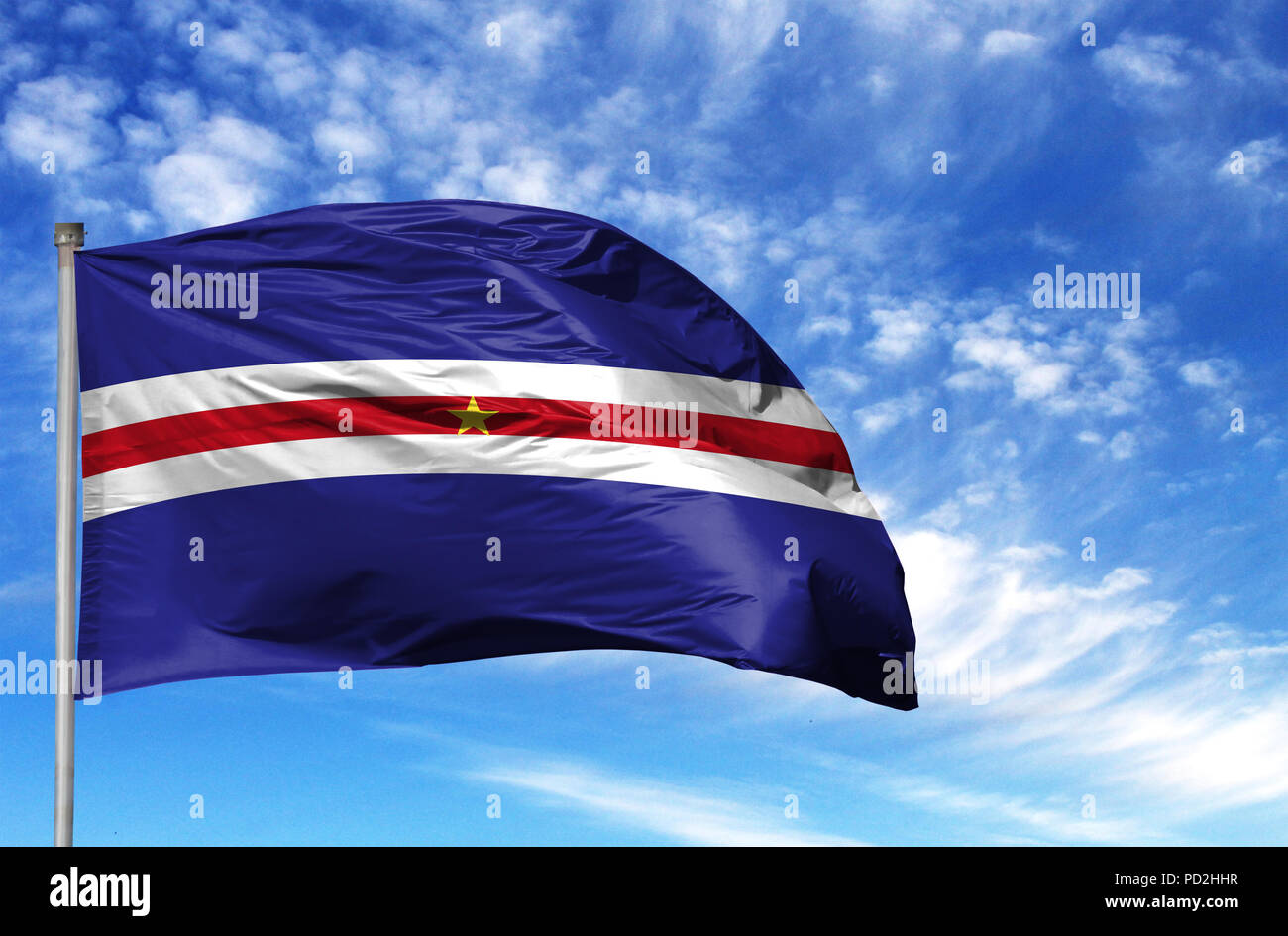 National flag of Cape verde on a flagpole in front of blue sky Stock ...