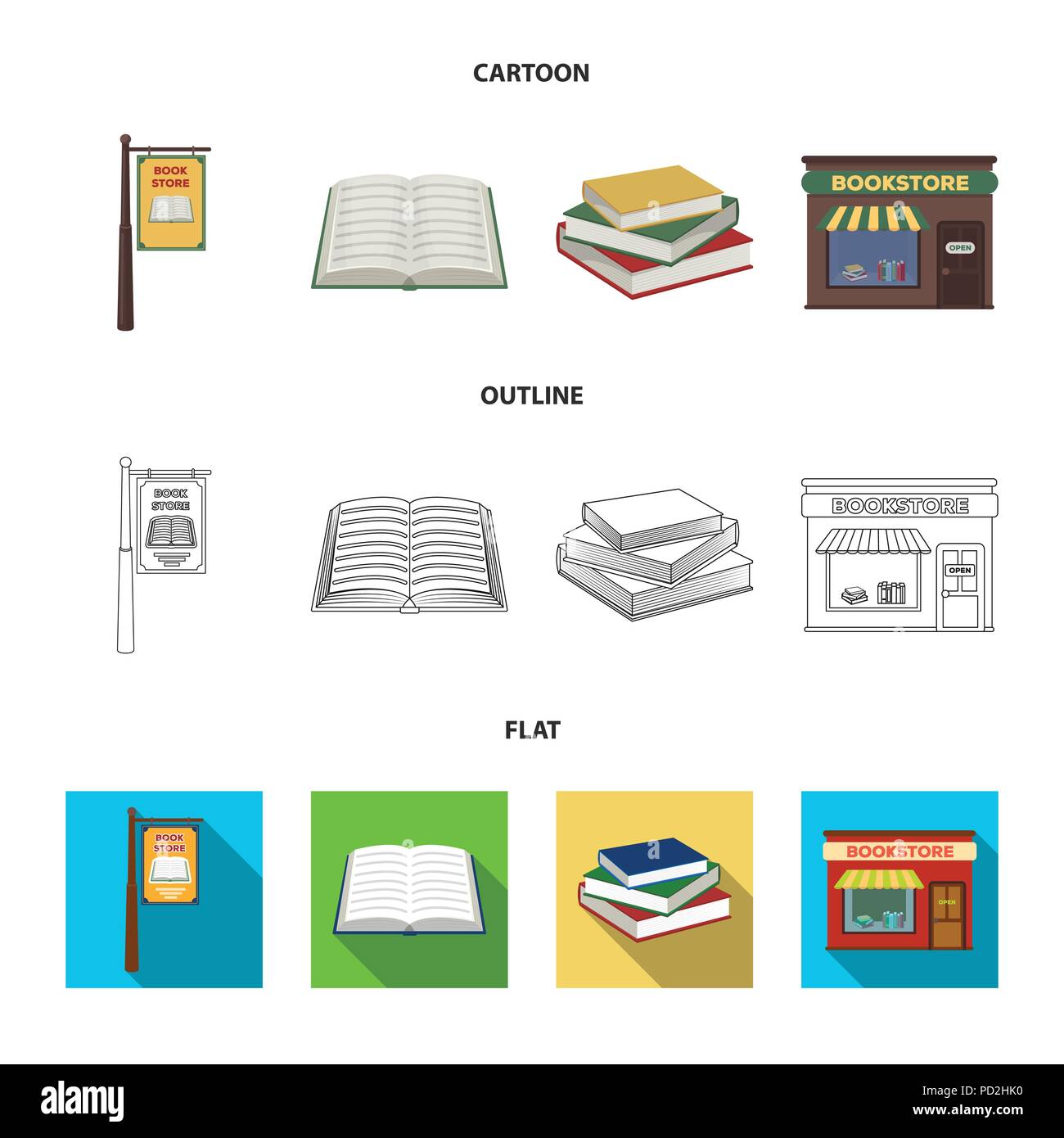 A signboard, a bookstore, a stack of books, an open book. A library and ...