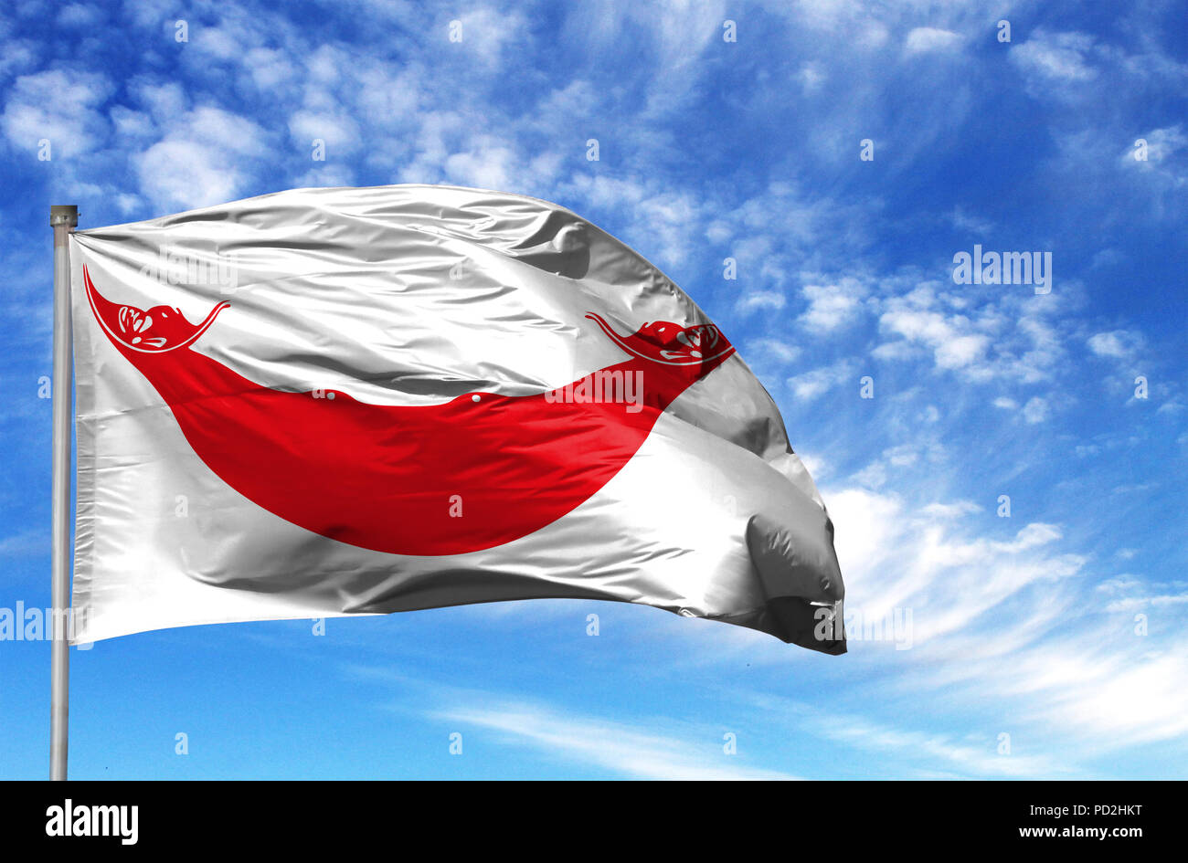 National flag of Easter Island Rapa Nui on a flagpole in front of blue ...