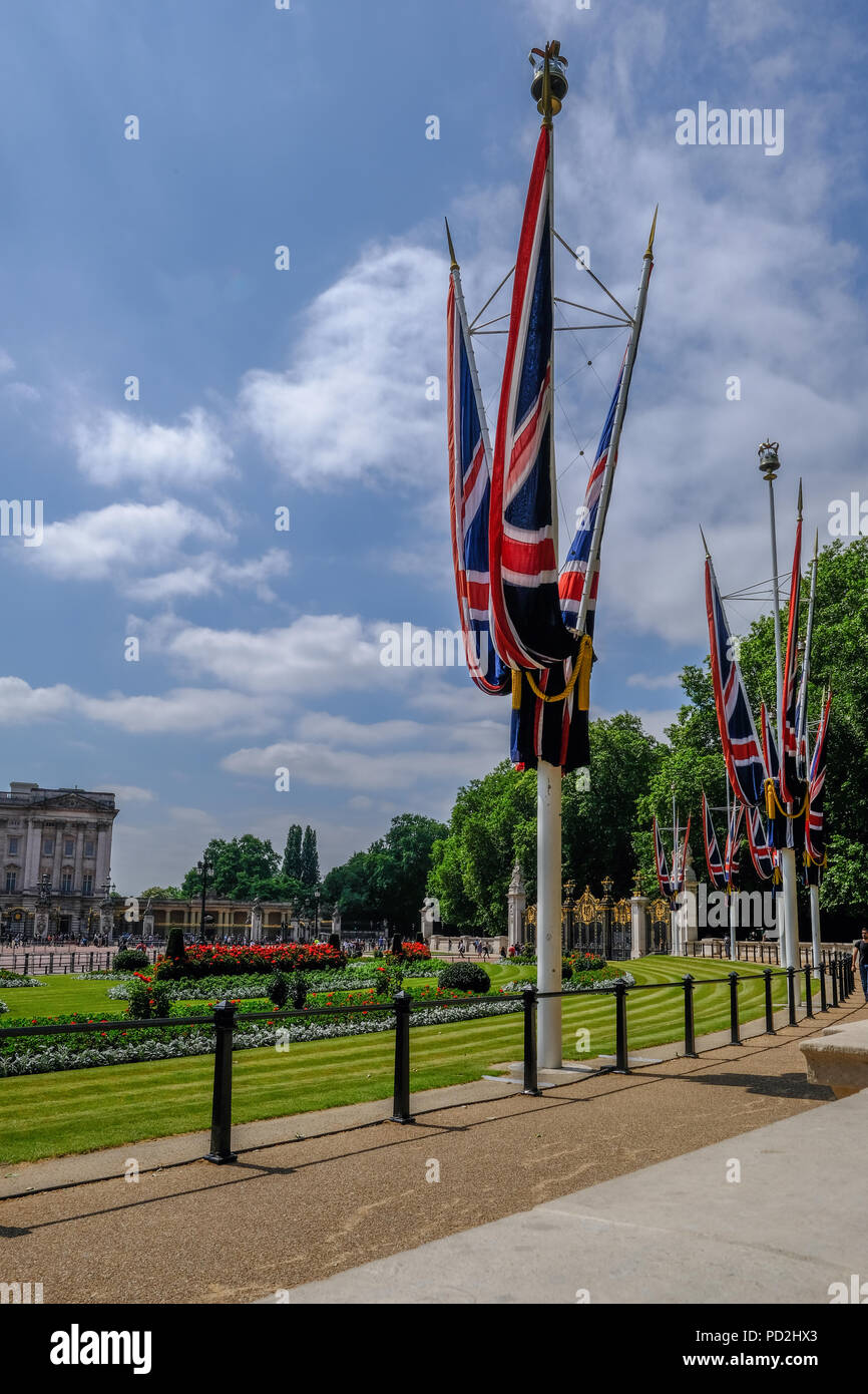 The Mall, London, UK - June 8, 2018: Vertical shot of flag poles with ...