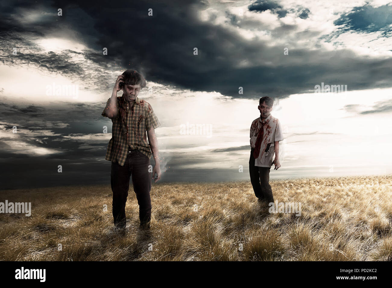 Spooky zombies on the grassland with dramatic sky background. Halloween ...