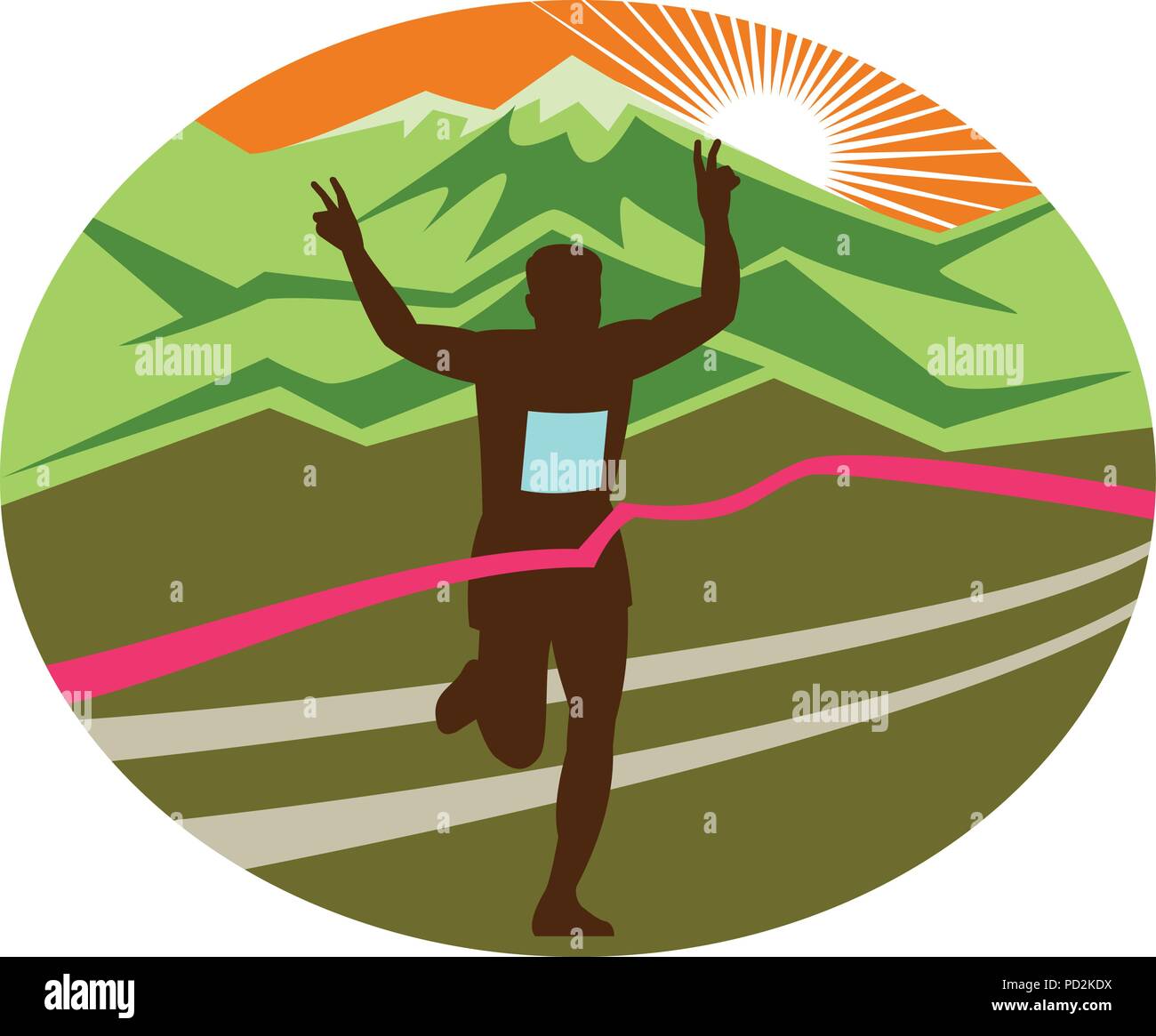 Retro style illustration of a silhouette of marathon finisher runner ...