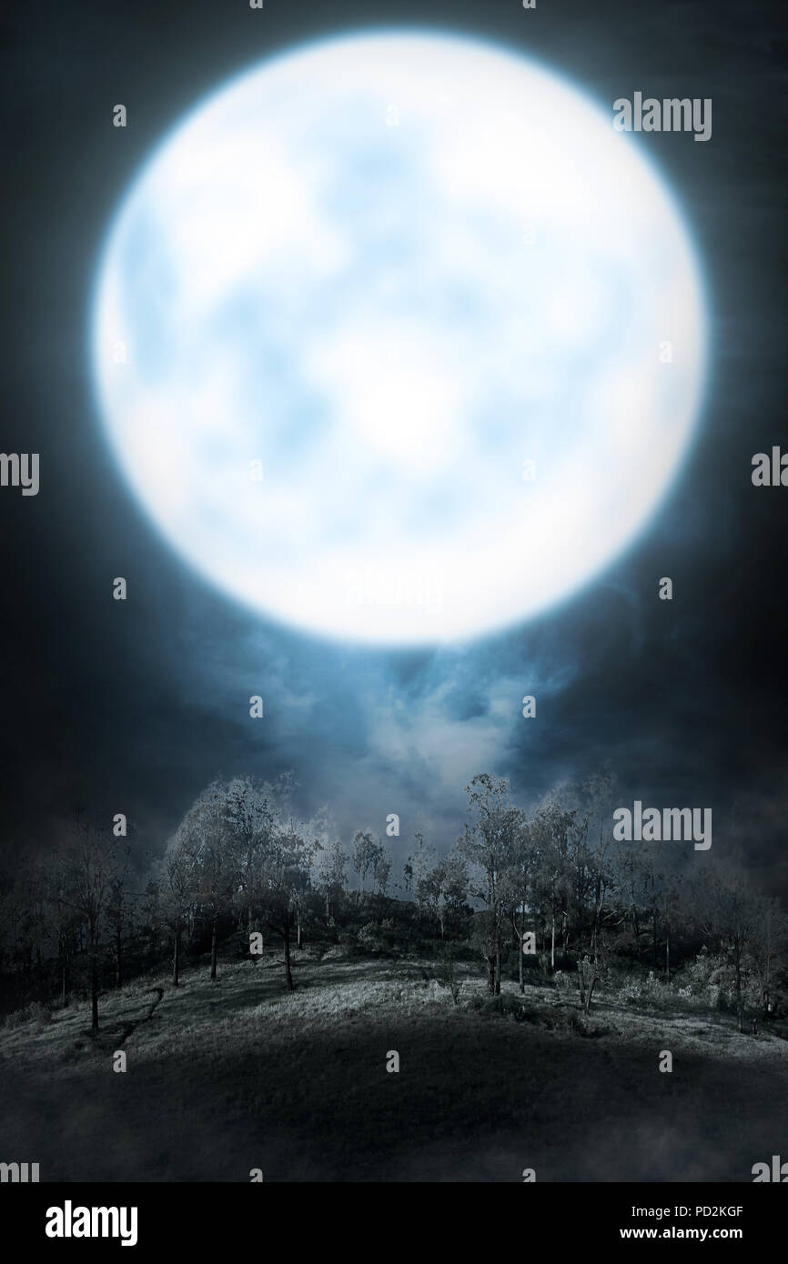 Foggy mountain with green forest and full moon at night Stock Photo - Alamy