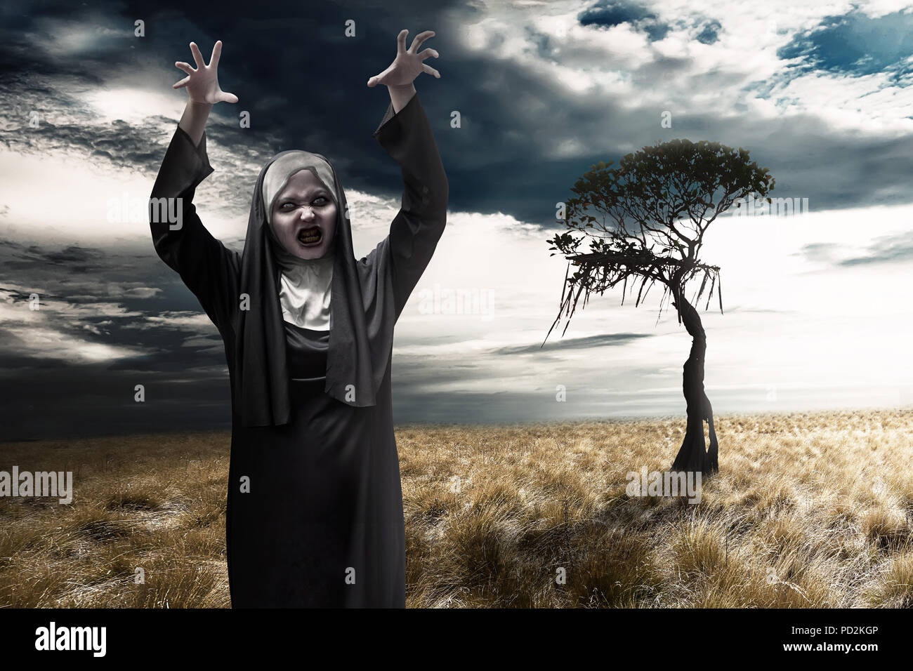 Scary devil nun with dark sky background. Halloween concept Stock Photo ...